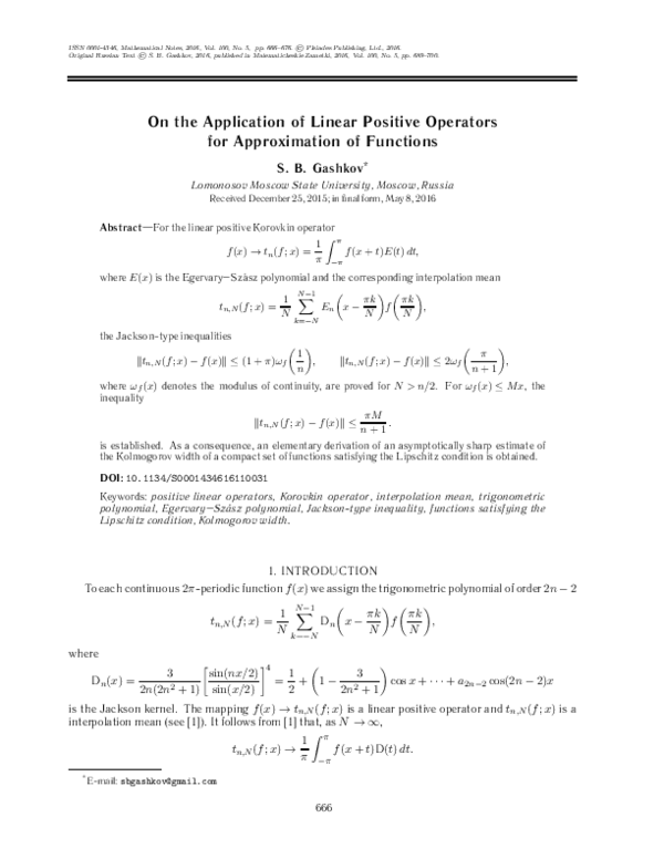 (PDF) On the application of linear positive operators for approximation of functions