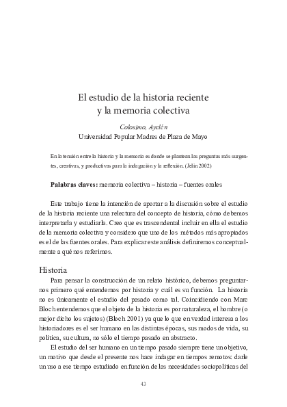 (PDF) El estudio de la historia reciente y la memoria colectiva