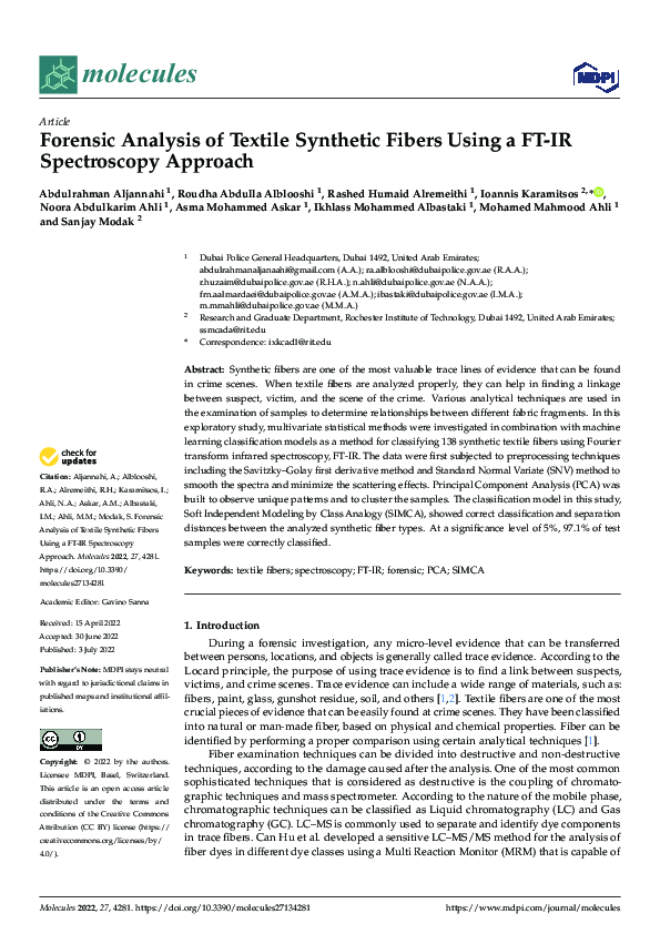 Pdf Forensic Analysis Of Textile Synthetic Fibers Using A Ft Ir Spectroscopy Approach