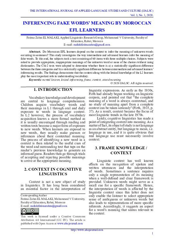 (PDF) Inferencing Fake Words’ Meaning by Moroccan Efl Learners