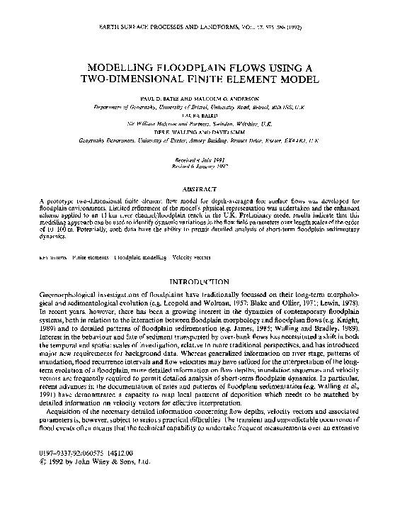 (PDF) Modelling floodplain flows using a two-dimensional finite element model