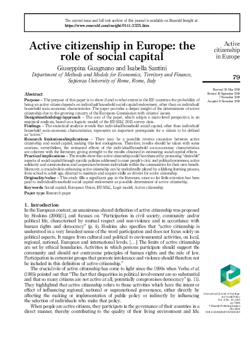 (PDF) Active citizenship in Europe: the role of social capital