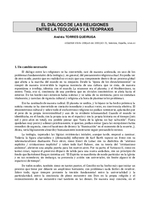 (PDF) RELaT nº 317 TORRES QUEIRUGA–El diálogo de religiones, entre la teología y la teopraxis.