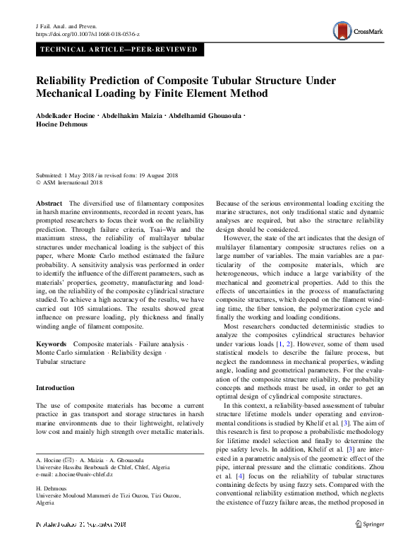 (PDF) Reliability Prediction of Composite Tubular Structure Under Mechanical Loading by Finite ...