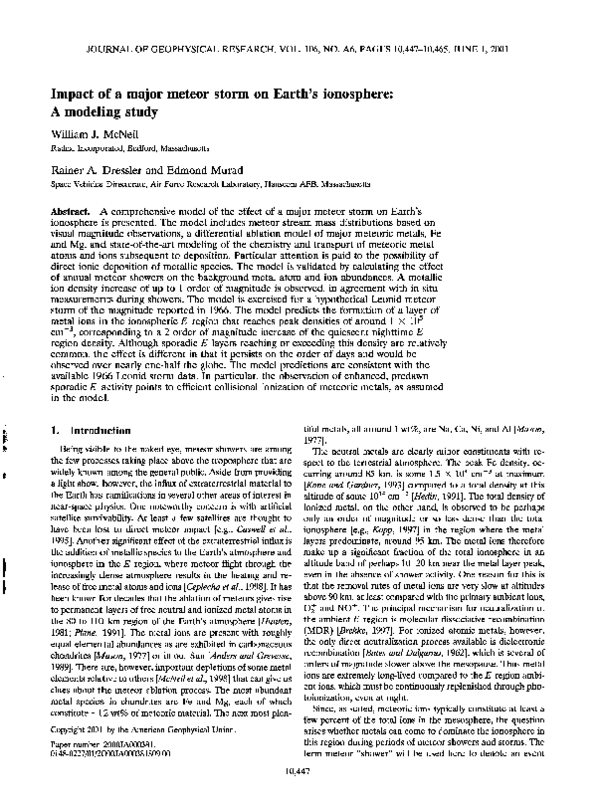(PDF) Impact of a major meteor storm on Earth's ionosphere: A modeling ...