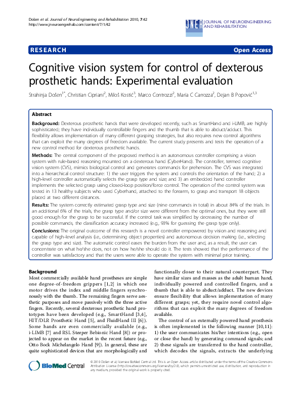 (PDF) Cognitive vision system for control of dexterous prosthetic hands ...