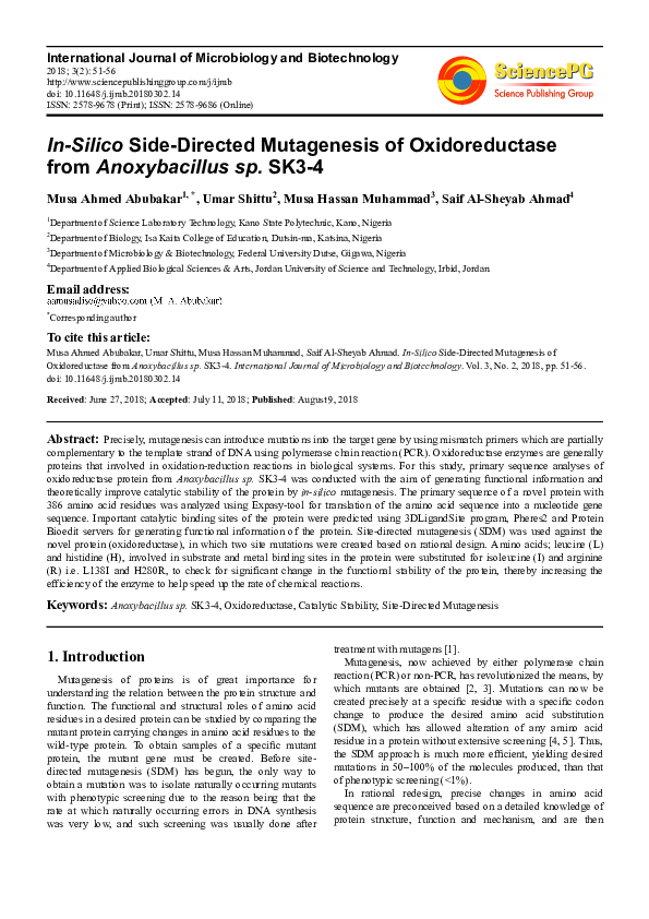 (PDF) In-Silico Side-Directed Mutagenesis of Oxidoreductase from ...