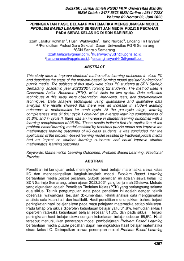 (PDF) Peningkatan Hasil Belajar Matematika Menggunakan Model Problem Based Learning Berbantuan ...