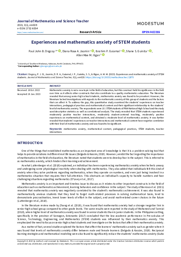 (PDF) Experiences and mathematics anxiety of STEM students