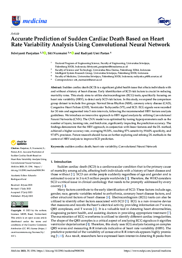 Pdf Accurate Prediction Of Sudden Cardiac Death Based On Heart Rate Variability Analysis Using