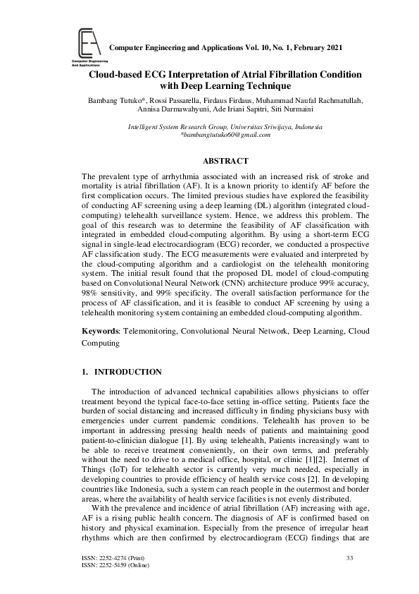 Pdf Cloud Based Ecg Interpretation Of Atrial Fibrillation Condition With Deep Learning Technique