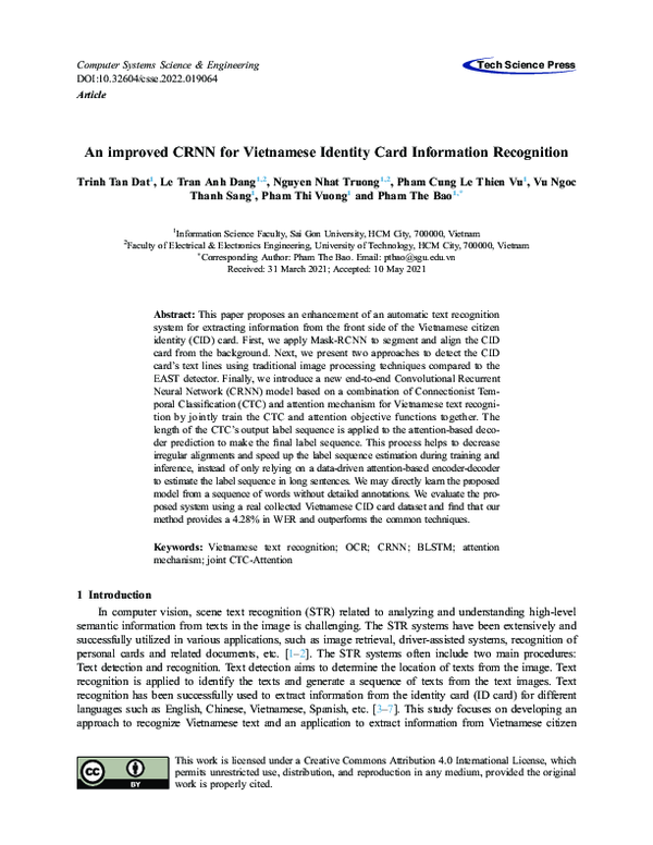 (PDF) An improved CRNN for Vietnamese Identity Card Information Recognition