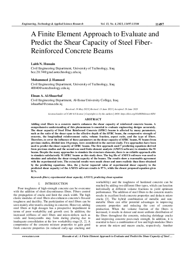 Pdf A Finite Element Approach To Evaluate And Predict The Shear Capacity Of Steel Fiber