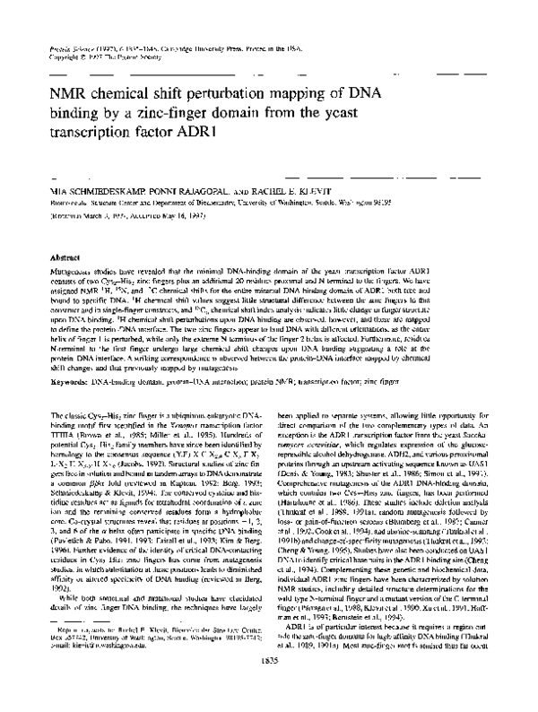 (PDF) NMR chemical shift perturbation mapping of dna binding by a zinc-finger domain from the ...