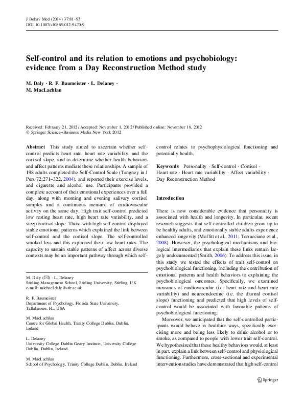 (PDF) Self-control and its relation to emotions and psychobiology ...