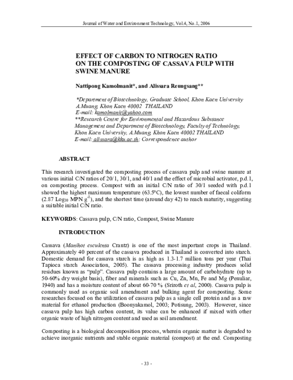 (PDF) Effect of Carbon to Nitrogen Ratio on the Composting of Cassava ...