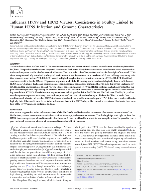 (PDF) Influenza H7N9 and H9N2 Viruses: Coexistence in Poultry Linked to ...