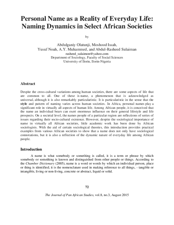 (PDF) Personal Name as a Reality of Everyday Life: Naming Dynamics in ...