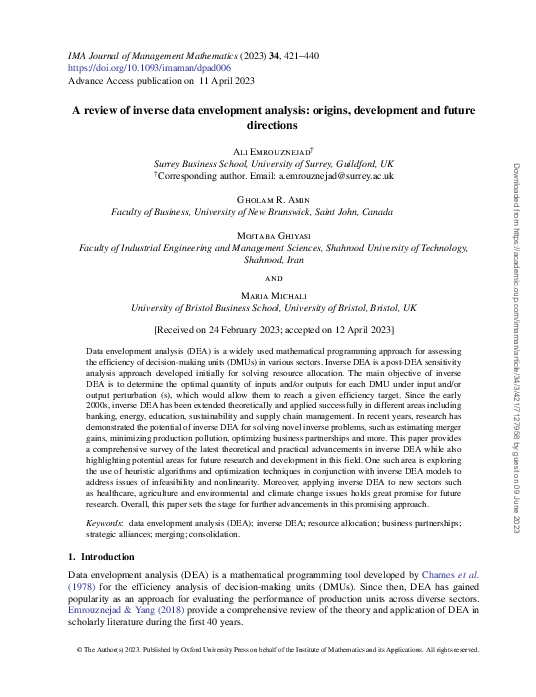 (PDF) A review of inverse data envelopment analysis: origins, development and future directions
