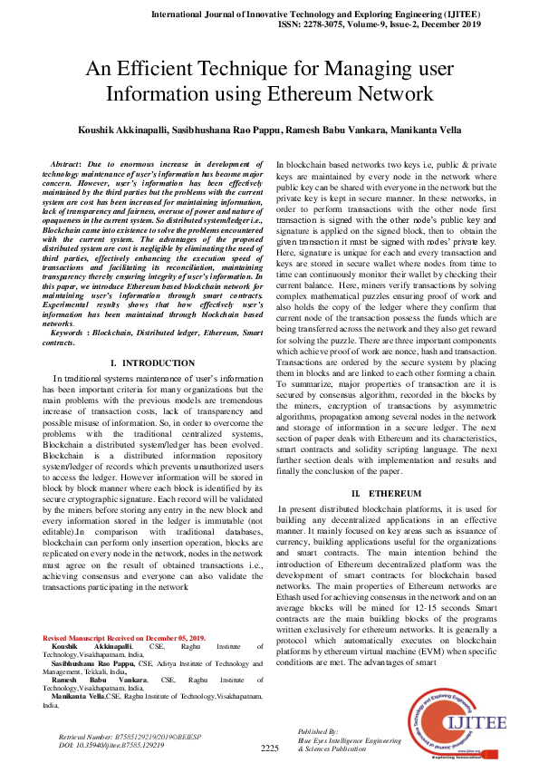 (PDF) An Efficient Technique for Managing user Information using Ethereum Network