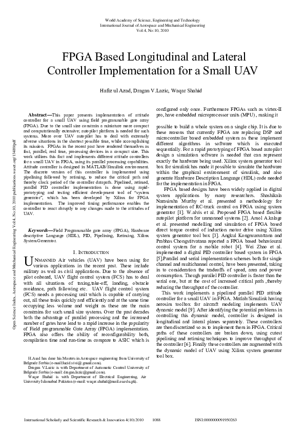 (PDF) Fpga Based Longitudinal And Lateral Controller Implementation For A Small Uav