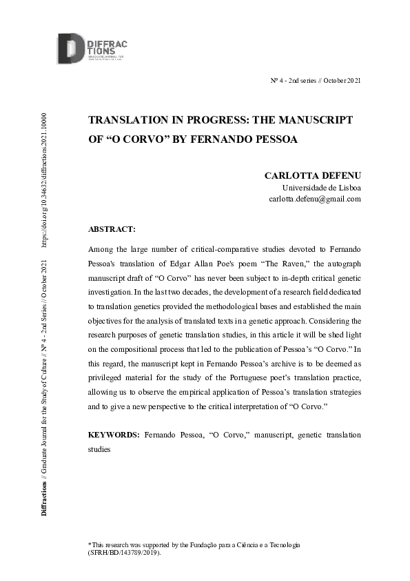 (PDF) TRANSLATION IN PROGRESS: THE MANUSCRIPT OF "O CORVO" BY FERNANDO ...