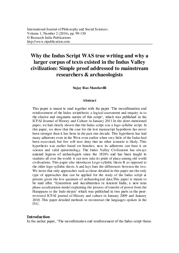 (PDF) Why the Indus Script Was True Writing and Why a Larger Corpus of ...