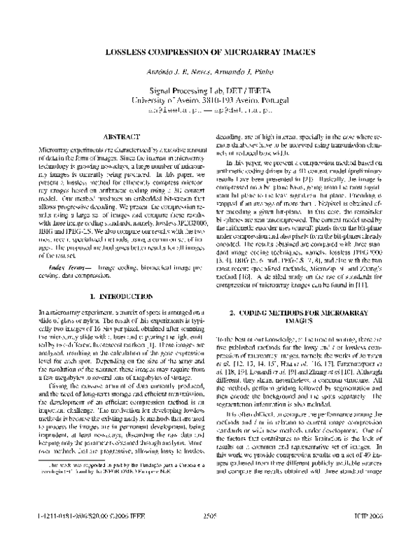 Pdf Lossless Compression Of Microarray Images Armando J Pinho