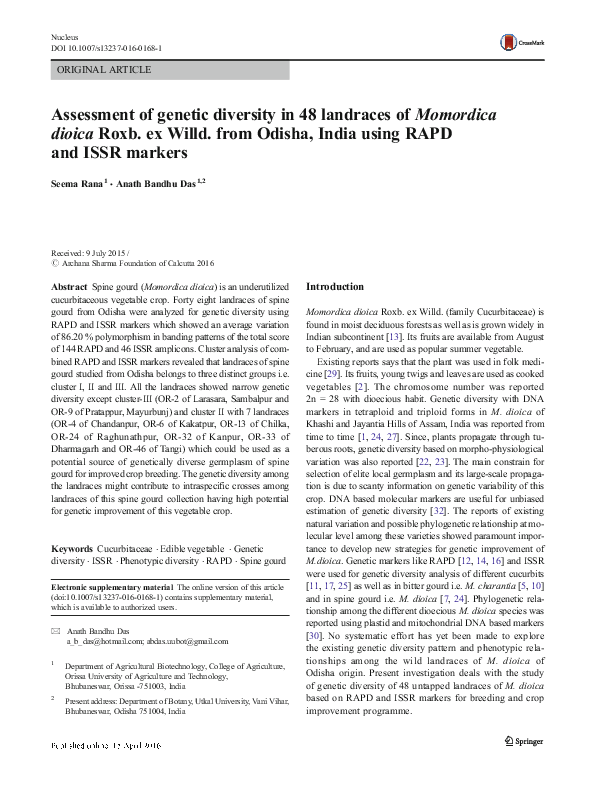 (PDF) Assessment of genetic diversity in 48 landraces of Momordica dioica Roxb. ex Willd. from ...