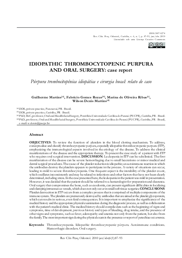 (PDF) IDIOPATHIC THROMBOCYTOPENIC PURPURA AND ORAL SURGERY: case report