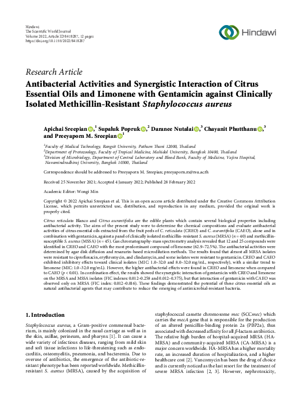 (PDF) Antibacterial Activities and Synergistic Interaction of Citrus Essential Oils and Limonene ...