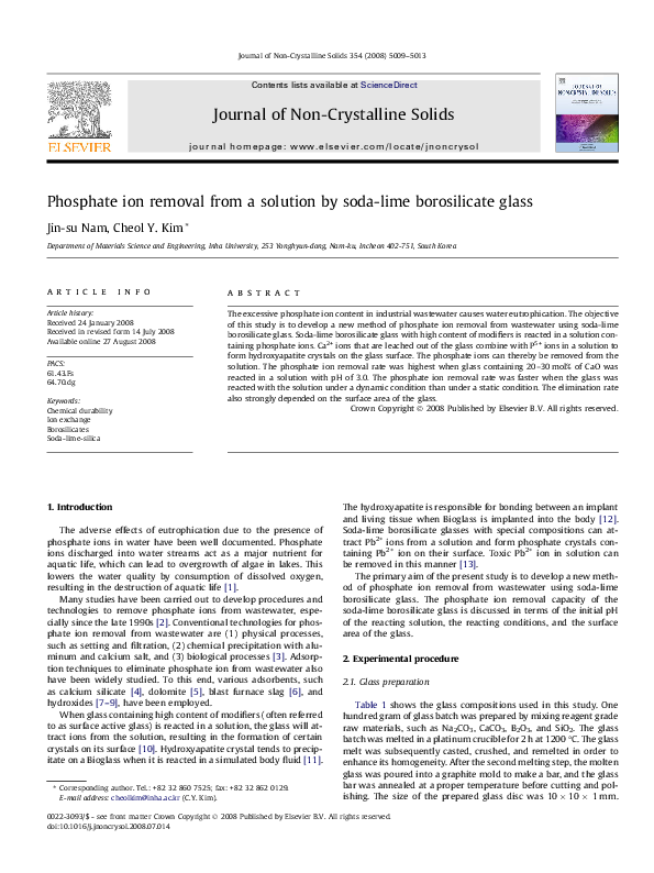 (PDF) Phosphate ion removal from a solution by soda-lime borosilicate glass