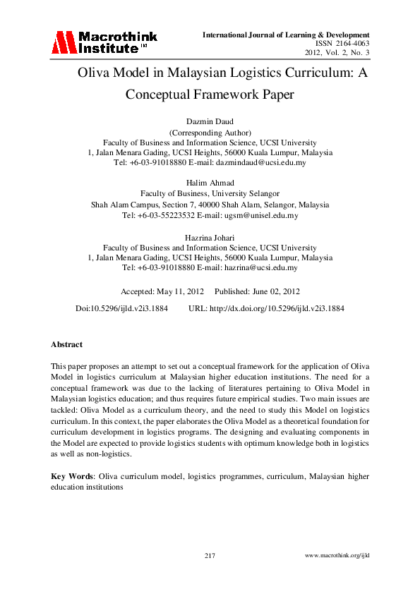 (PDF) Oliva Model in Malaysian Logistics Curriculum: A Conceptual ...