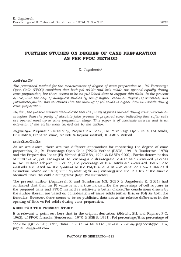 (PDF) FURTHER STUDIES ON DEGREE OF CANE PREPARATION AS PER PPOC METHOD