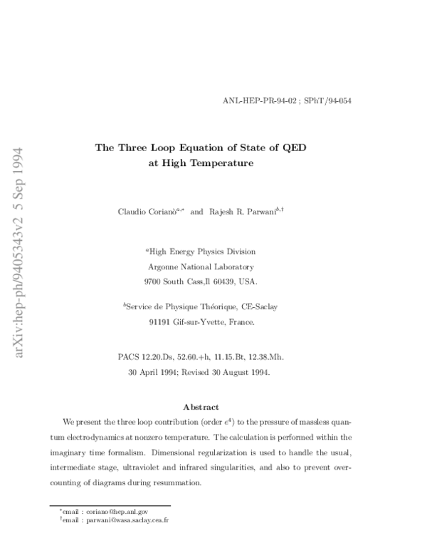 (PDF) Three-Loop Equation of State of QED at High Temperature