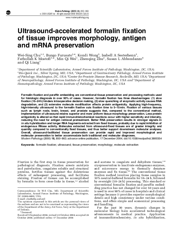 Pdf Ultrasound Accelerated Formalin Fixation Of Tissue Improves Morphology Antigen And Mrna