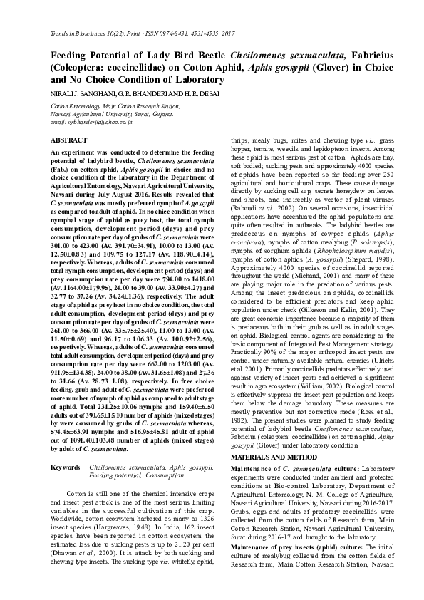 (PDF) Feeding Potential of Lady Bird Beetle Cheilomenes sexmaculata ...