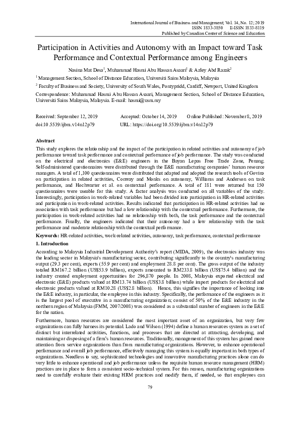 (PDF) Participation in Activities and Autonomy with an Impact toward Task Performance and ...