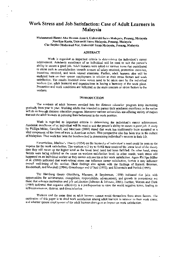 (PDF) Work Stress And Job Satisfaction Case Of Adult Learners In Malaysia
