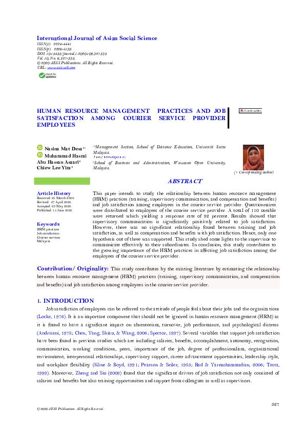 (PDF) Human Resource Management Practices and Job Satisfaction among Courier Service Provider ...