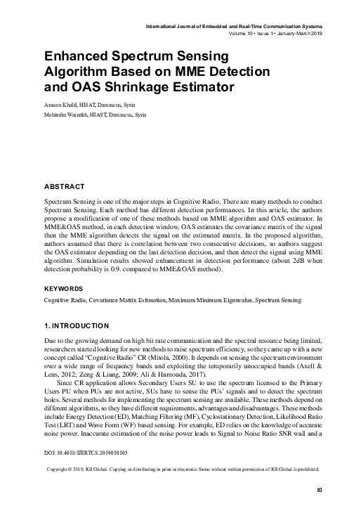 (PDF) Enhanced Spectrum Sensing Algorithm Based on MME Detection and OAS Shrinkage Estimator