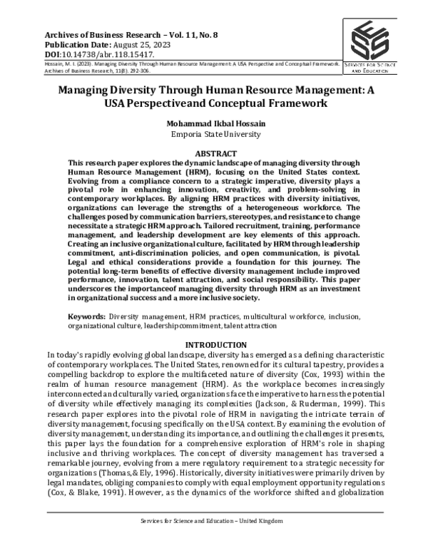 (PDF) Managing Diversity Through Human Resource Management: A USA Perspective and Conceptual ...