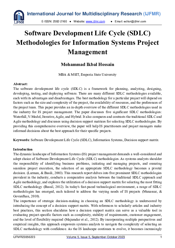 (PDF) Software Development Life Cycle (SDLC) Methodologies for Information Systems Project ...