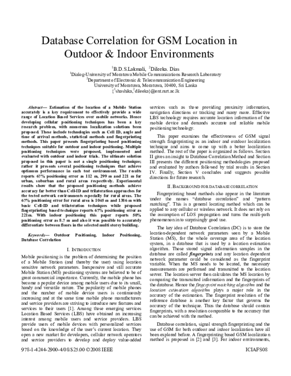 (PDF) Database Correlation for GSM Location in Outdoor & Indoor Environments