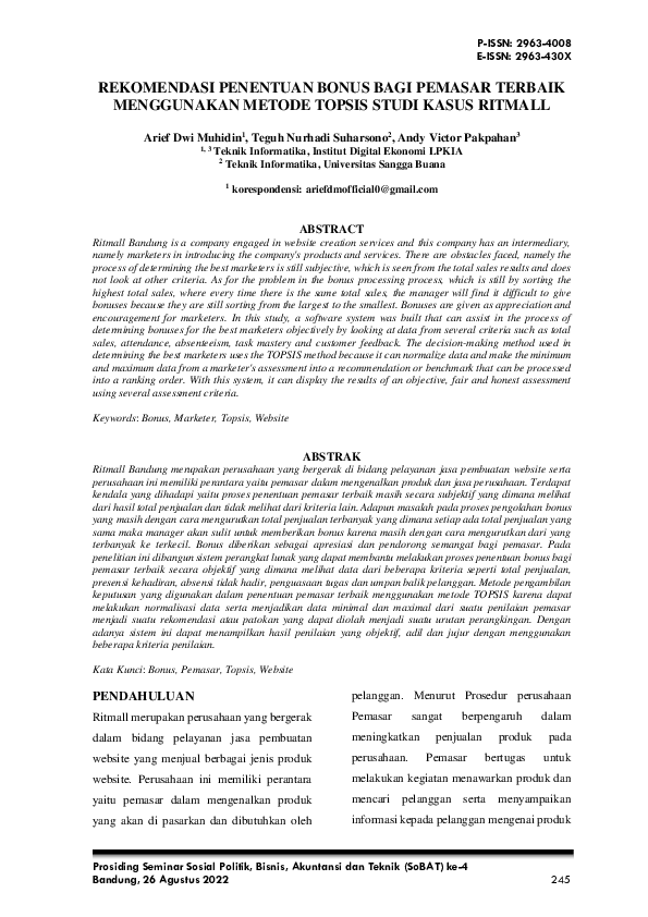 (PDF) Rekomendasi Penentuan Bonus Bagi Pemasar Terbaik Menggunakan ...