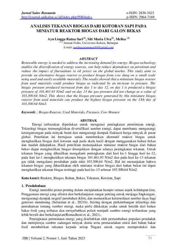(PDF) Analisis Tekanan Biogas Dari Kotoran Sapi Pada Miniatur Reaktor ...