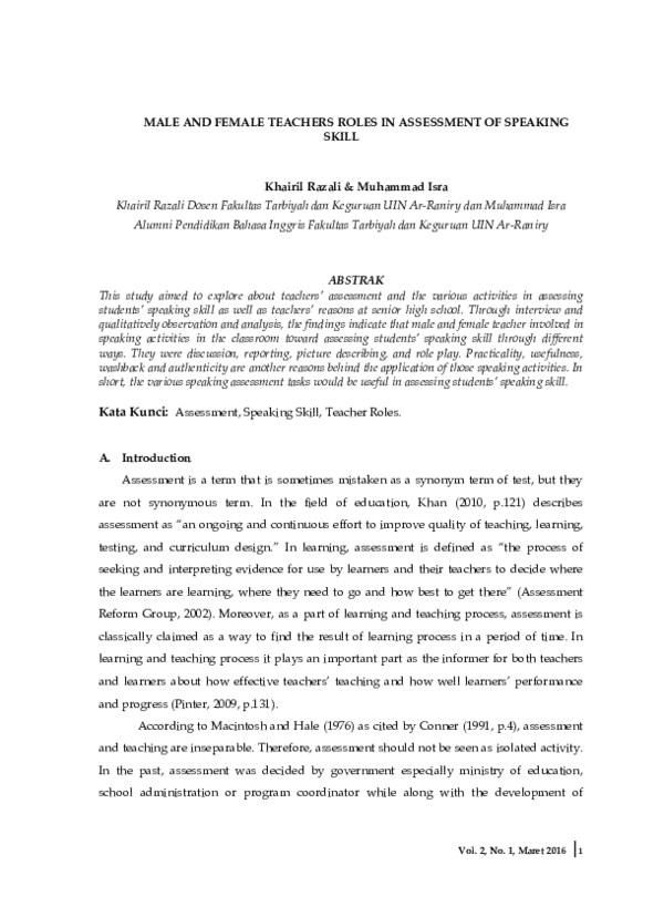 (PDF) Male and Female Teachers Roles in Assessment of Speaking Skill