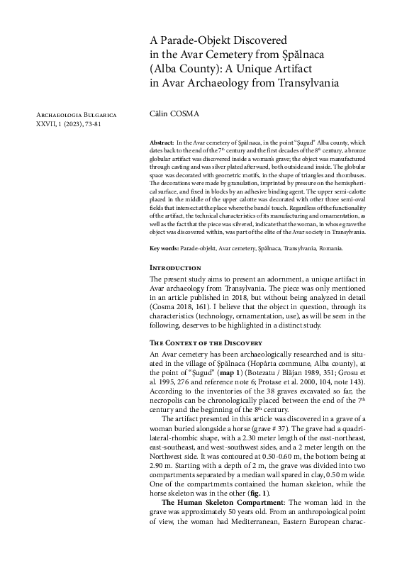 (PDF) Călin Cosma, A Parade-Objekt Discovered in the Avar Cemetery from ...