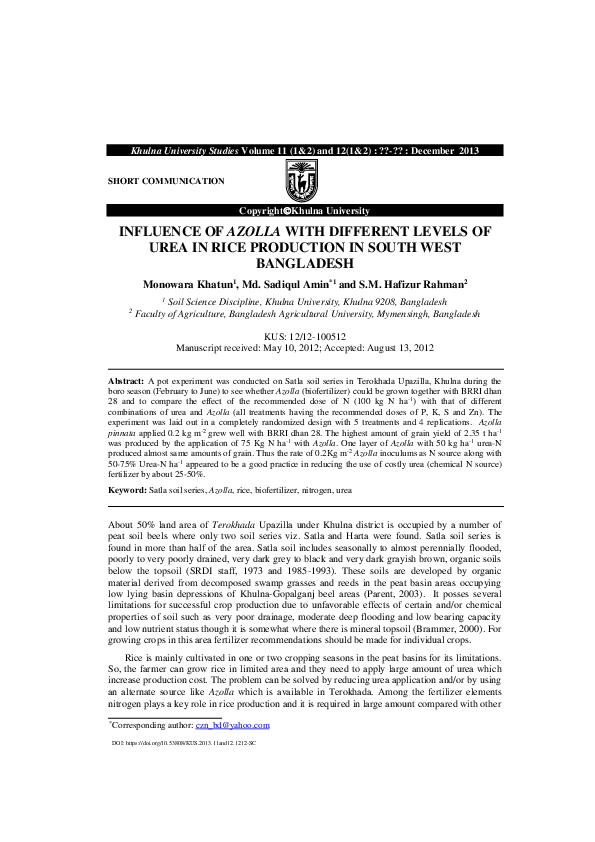 (PDF) Influence of Azolla with Different Levels of Urea in Rice Production in South West Bangladesh