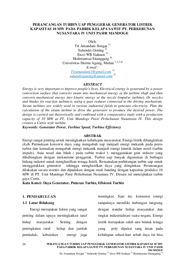 (PDF) Perancangan Turbin Uap Penggerak Generator Listrik Kapasitas 10 MW Pada Pabrik Kelapa ...